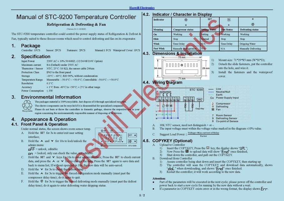 STC-9200 Refrigerator Defrost Fan Control Thermostat for sale