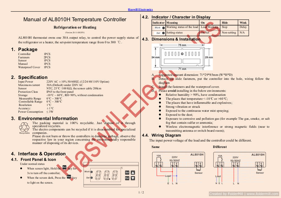 AL8010H Electrical High Temperature Controller Max 300°C